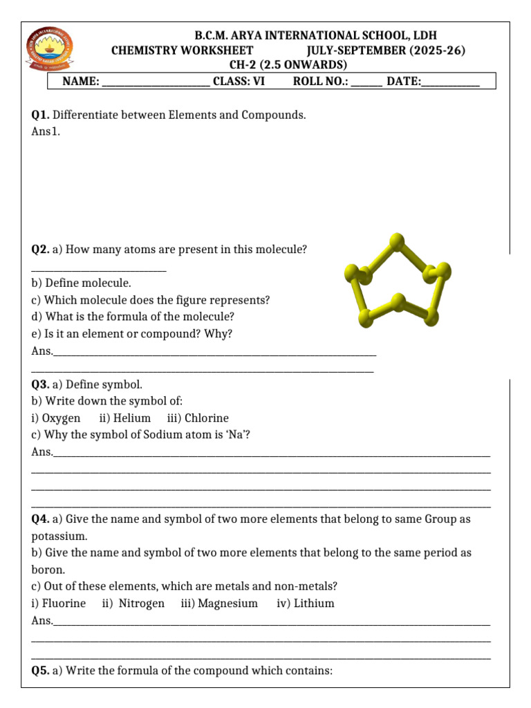 Class VI Chemistry Worksheet: Elements & Compounds | PDF | Chemical ...