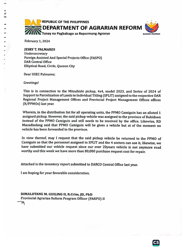 Letter To Undersecretary Palmares | PDF