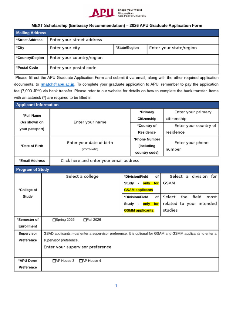 APU 2026 MEXT Scholarship Application Form | PDF