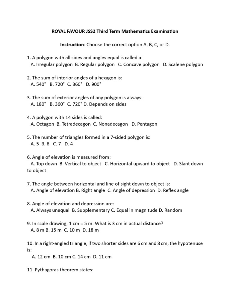 JSS2 Mathematics Exam Review | PDF | Triangle | Euclidean Plane Geometry