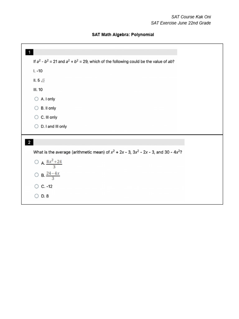 SAT Practice: Math & Reading Exercises | PDF | Nanomaterials | Coral