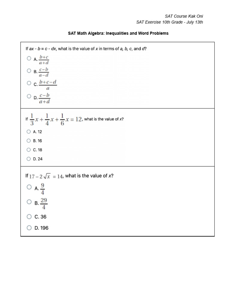 July 13th SAT Worksheet - 10th Grade | PDF