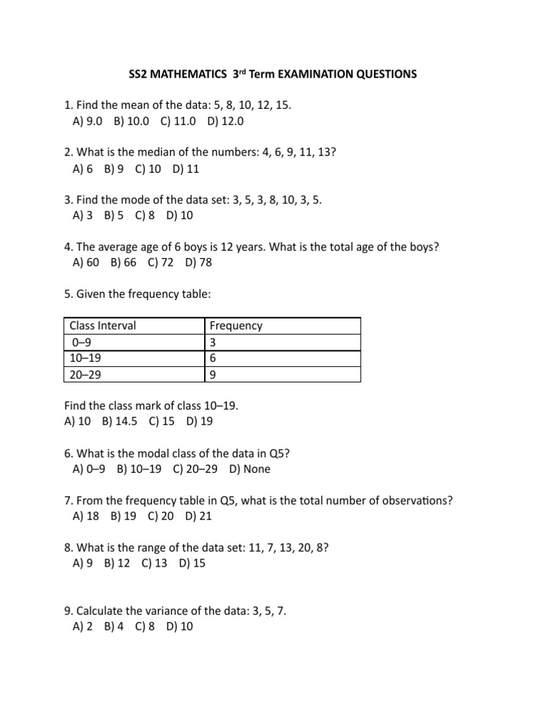 SS2 3rd Term Examination | PDF | Odds | Probability