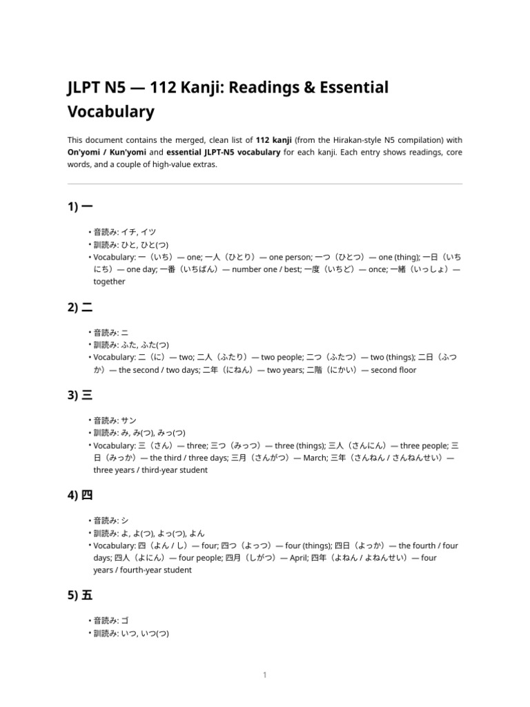 JLPT N5 - 112 Kanji - Readings & Essential Vocabulary (Merged) | PDF