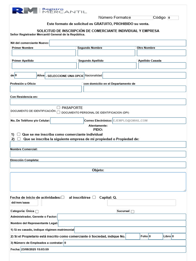 Solicitudes - Solicitud Inscrip Comerciante Individual Empresa | PDF