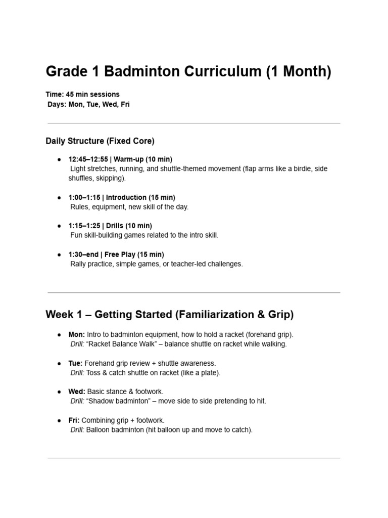 Grade 1 Badminton Curriculum Guide | PDF | Sports | Athletic Sports