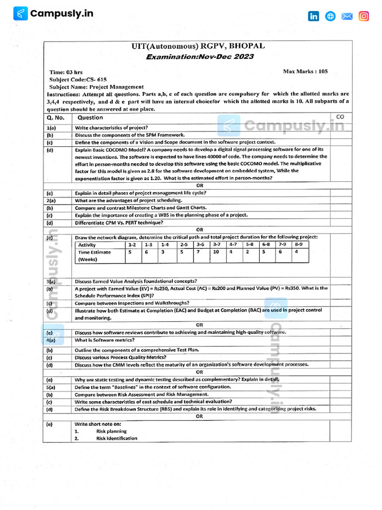 Project Management Back-Campusly PYQs | PDF