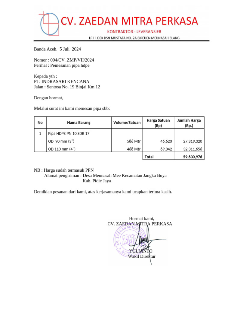 Pemesanan Pipa HDPE oleh CV. Zaedan Mitra | PDF