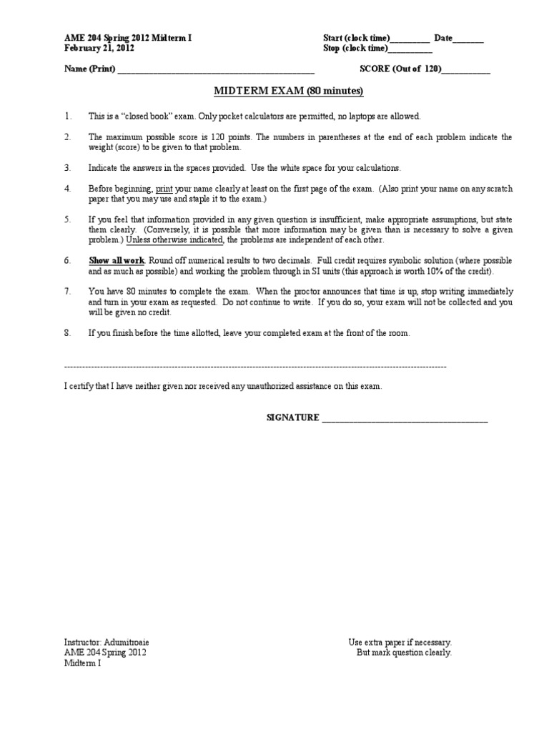 AME 204 Spring 2012 Midterm Exam I Solution | PDF | Yield (Engineering ...