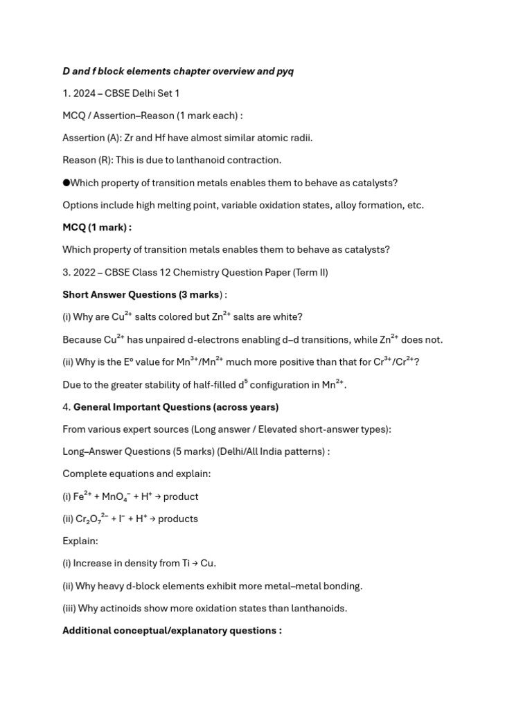 D and F Block Element PYQ and Overview | PDF | Transition Metals ...