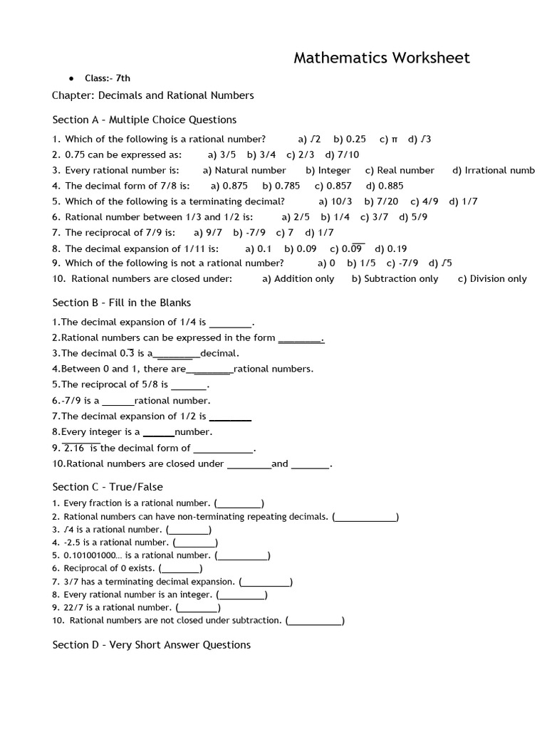 Rational Numbers Worksheet for 7th Grade | PDF | Numbers | Rational Number
