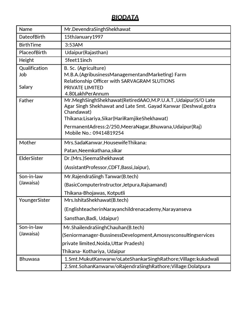 Biodata of Devendra Singh Shekhawat - 1 | PDF