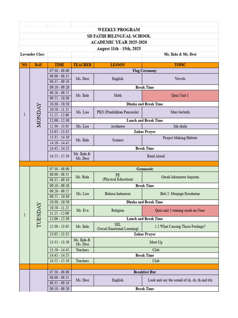Weekly Schedule for Lavender Class 2025 | PDF | Learning