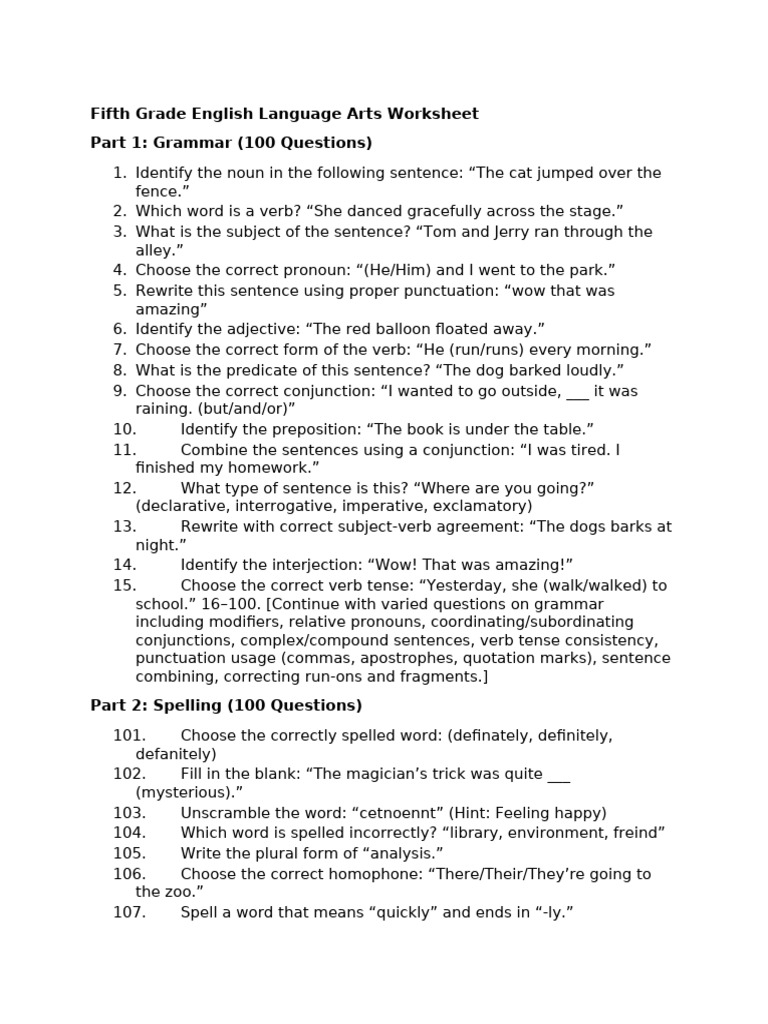Fifth Grade Ela Worksheet | PDF | Verb | Semantics
