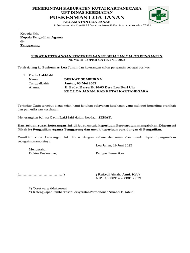 Surat Keterangan Kesehatan Catin | PDF