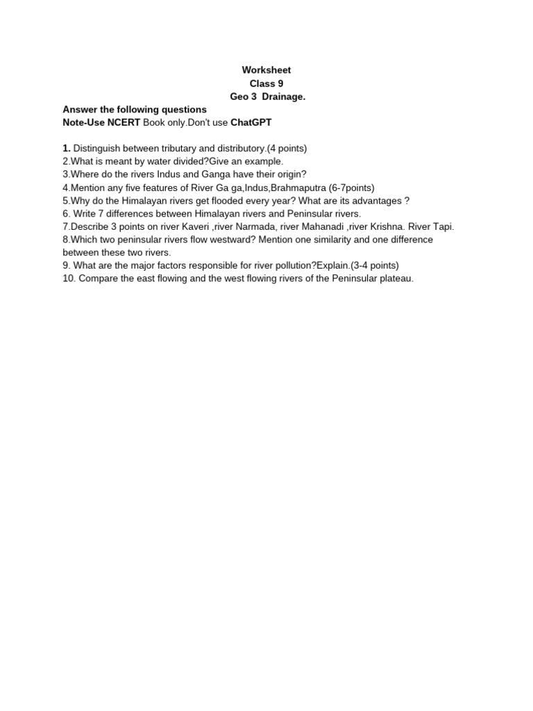 Class 9 Geography: Drainage Worksheet | PDF