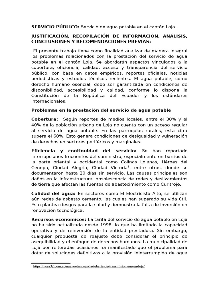 Problemas del Agua Potable en Loja | PDF | Empresa de propiedad estatal ...
