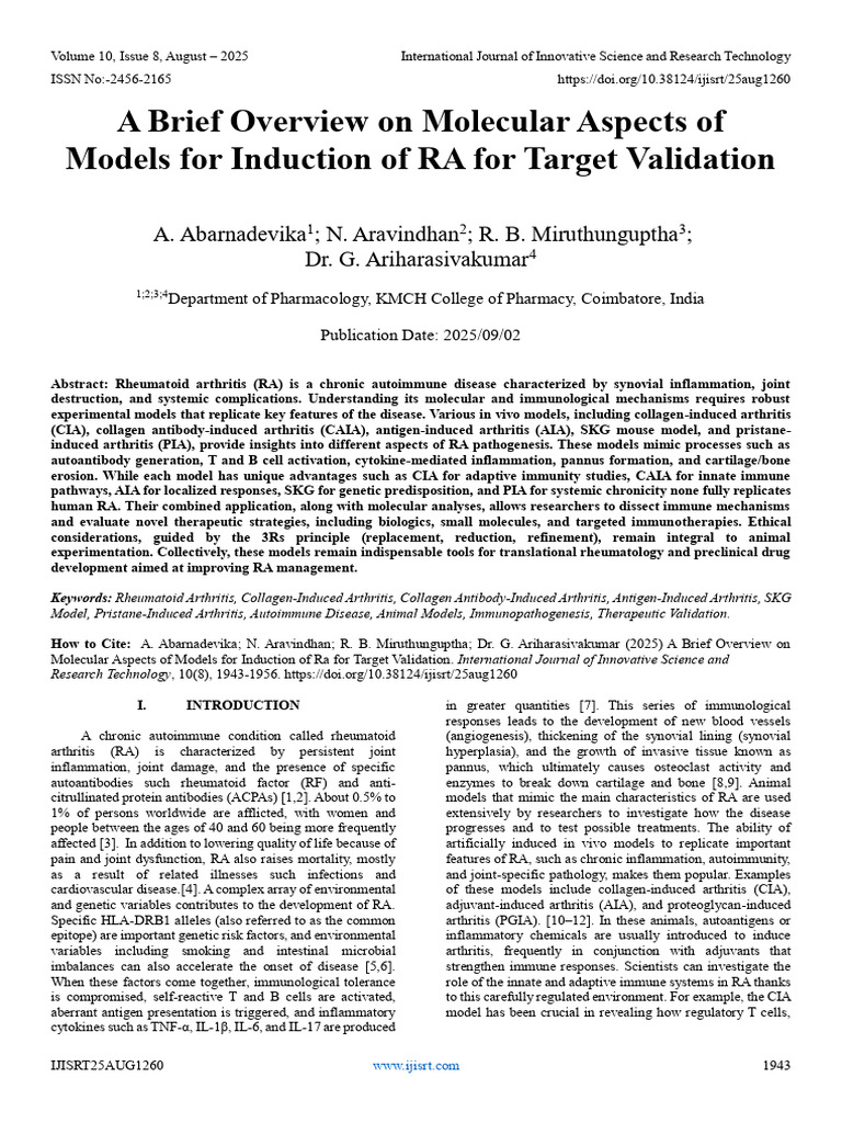 A Brief Overview On Molecular Aspects of Models For Induction of RA For ...