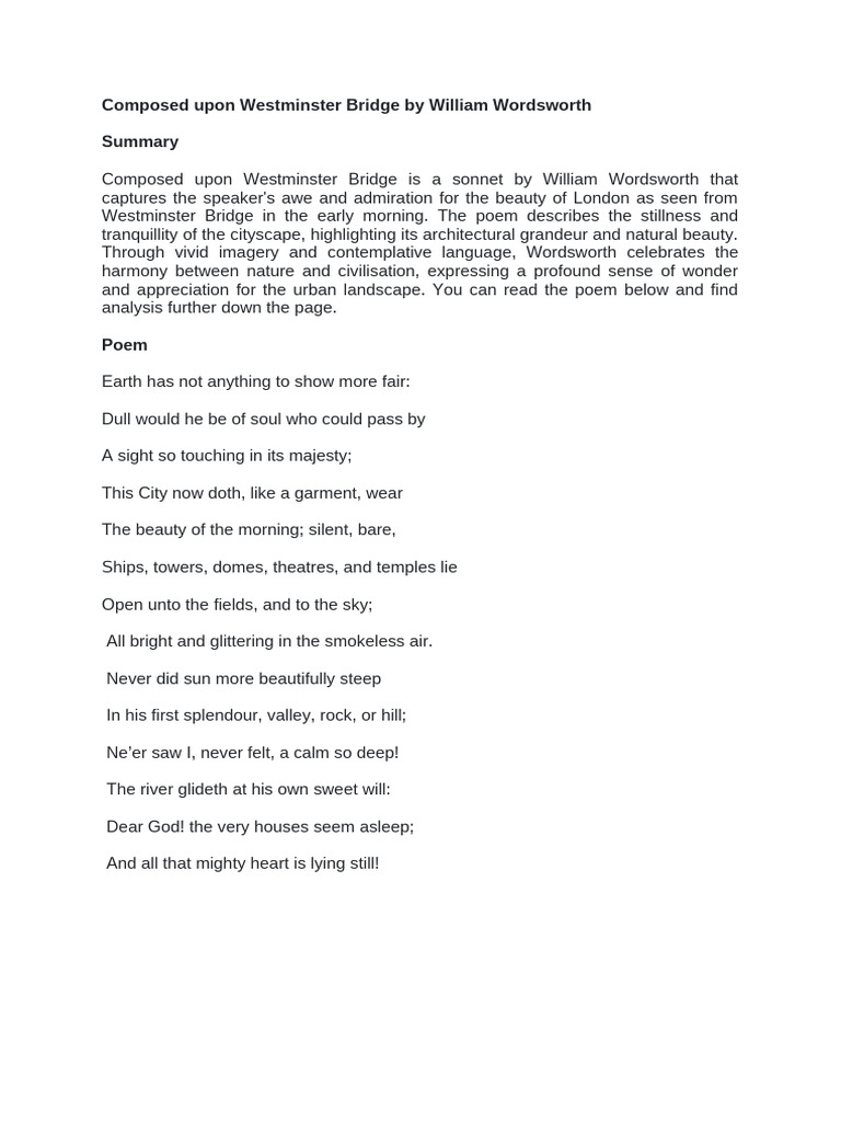 Composed Upon Westminster Bridge by William Wordsworth | PDF | Poetry