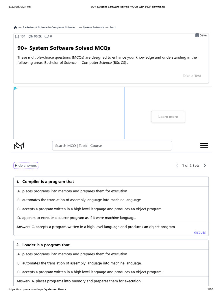 System Software 1 Solved MCQs | PDF | Parsing | Program Optimization
