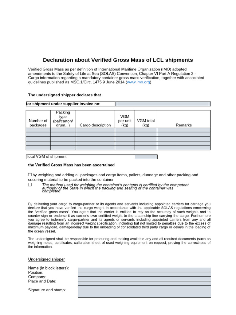 CP Solas VGM Form en Lcl-1 | PDF