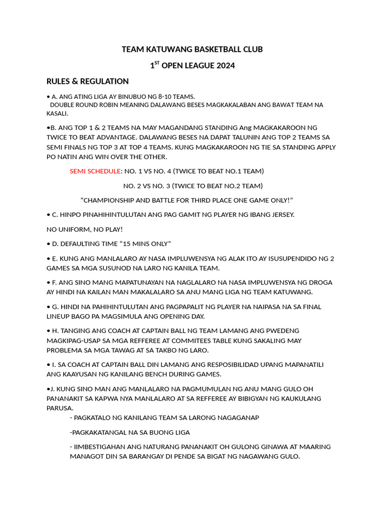 Team Katuwang Basketball Club Rules | PDF