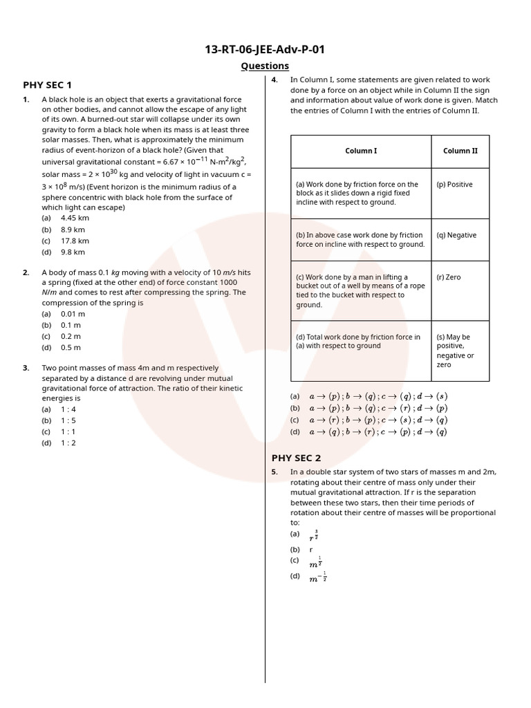 13-RT-06-JEE-Adv-P-01: Phy Sec 1 | PDF | Orbit | Force