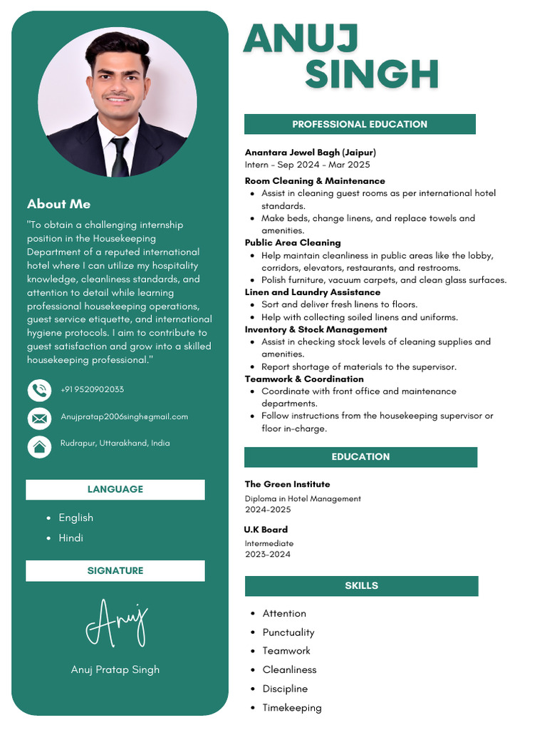 Anuj Pratap CV | PDF | Housekeeping | Hygiene