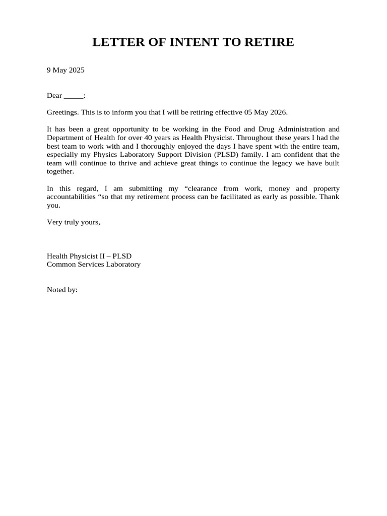 Retirement Intent Letter Sample | PDF