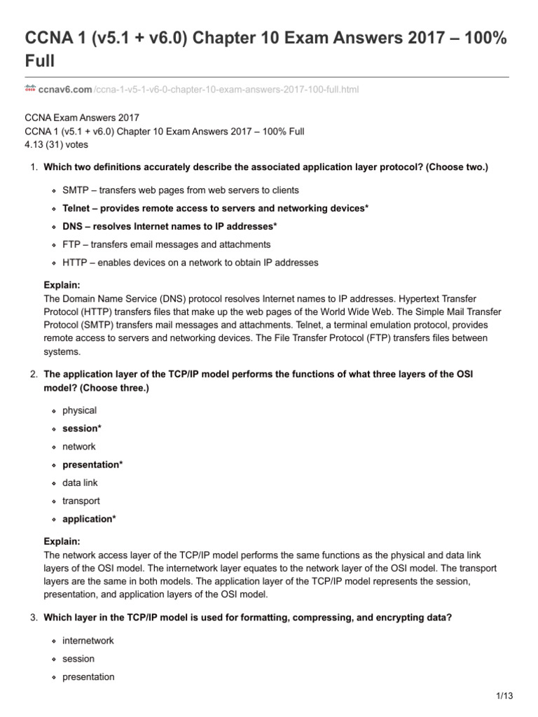 CCNA 1 Chapter 10 Exam Answers 2017 | PDF | Internet Protocol Suite ...