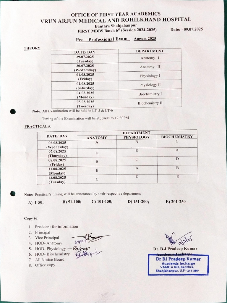 MBBS First Year Pre Prof. Exam Dates | PDF