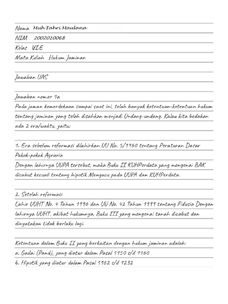 UAS Hukum Jaminan_Muh Fahri Maulana_2002010068 | PDF