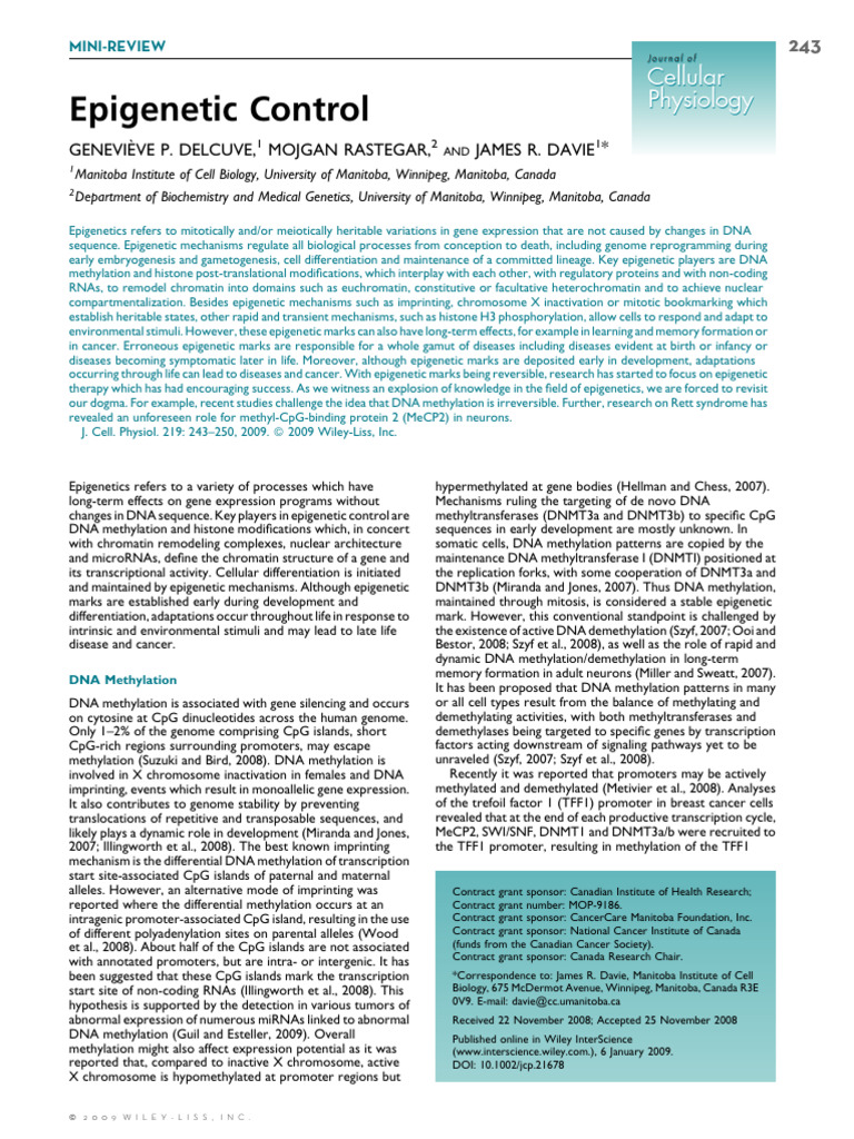 Journal Cellular Physiology - 2009 - Delcuve - Epigenetic Control | PDF ...