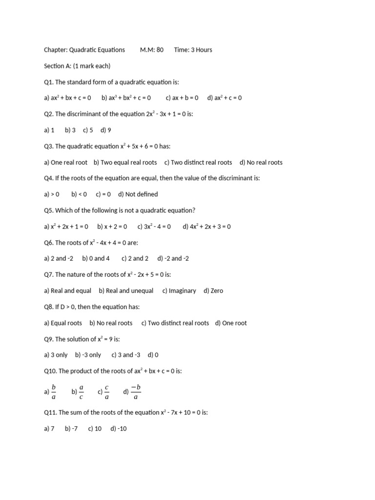 Quadratic Equations Practice Questions | PDF | Quadratic Equation ...