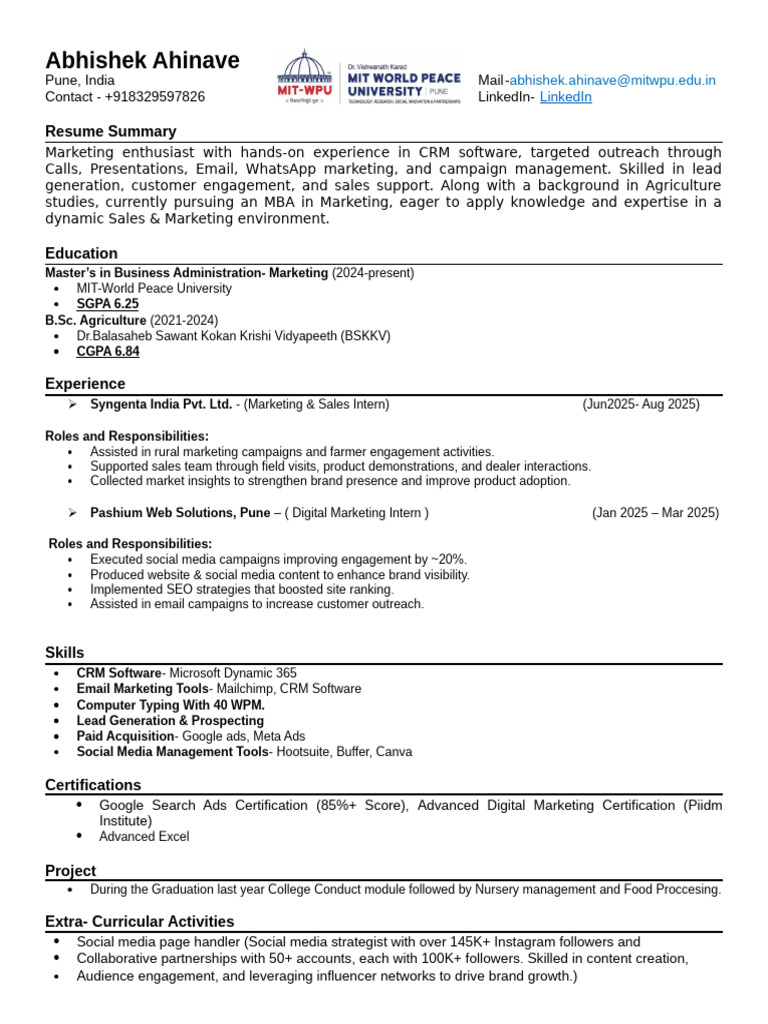 Abhishek Ahinave Rusume | PDF | Customer Relationship Management | Digital Marketing