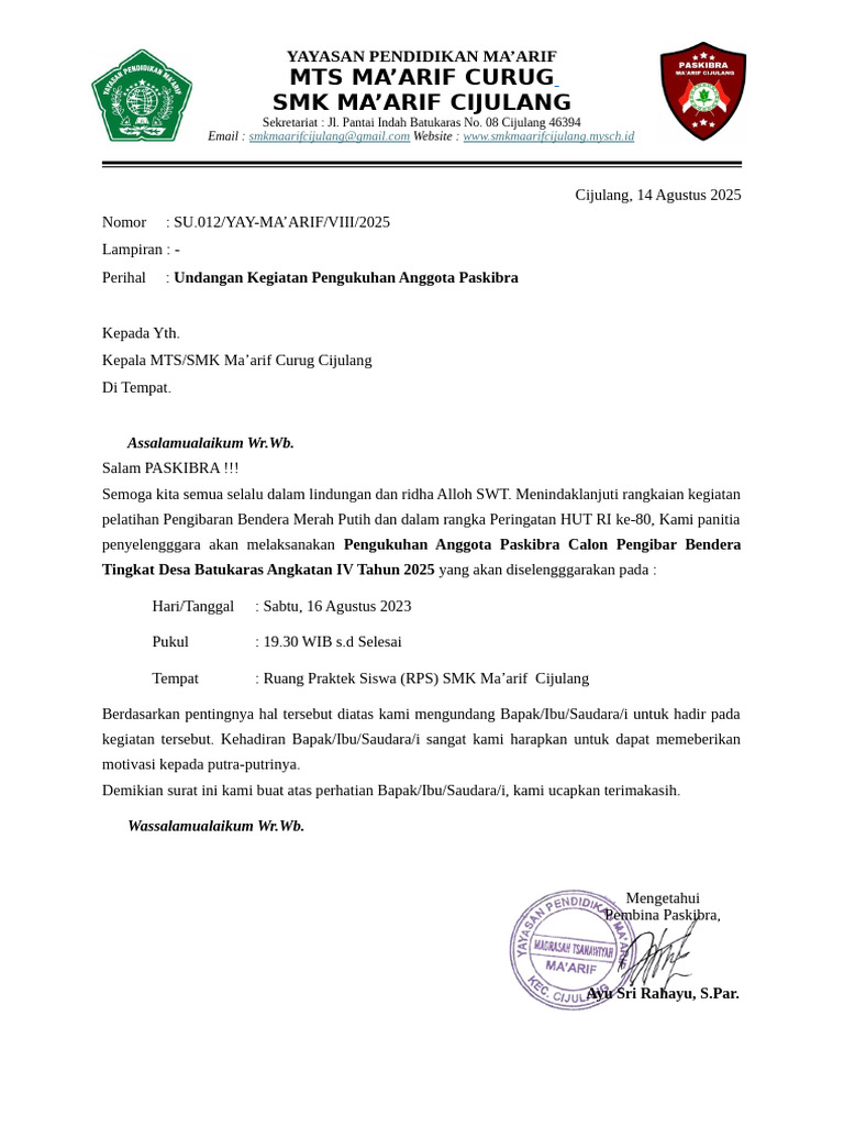 Surat Undangan Pengukuhan Paskibra | PDF