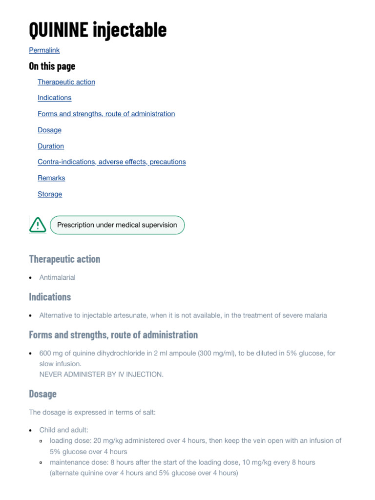 Quinine Injectable Dosage Guidelines | PDF | Dose (Biochemistry ...