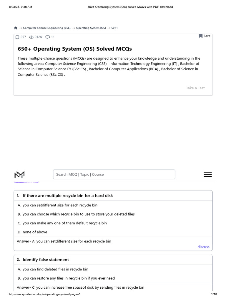 650+ Operating System (OS) Solved MCQs With PDF Download1 | PDF ...