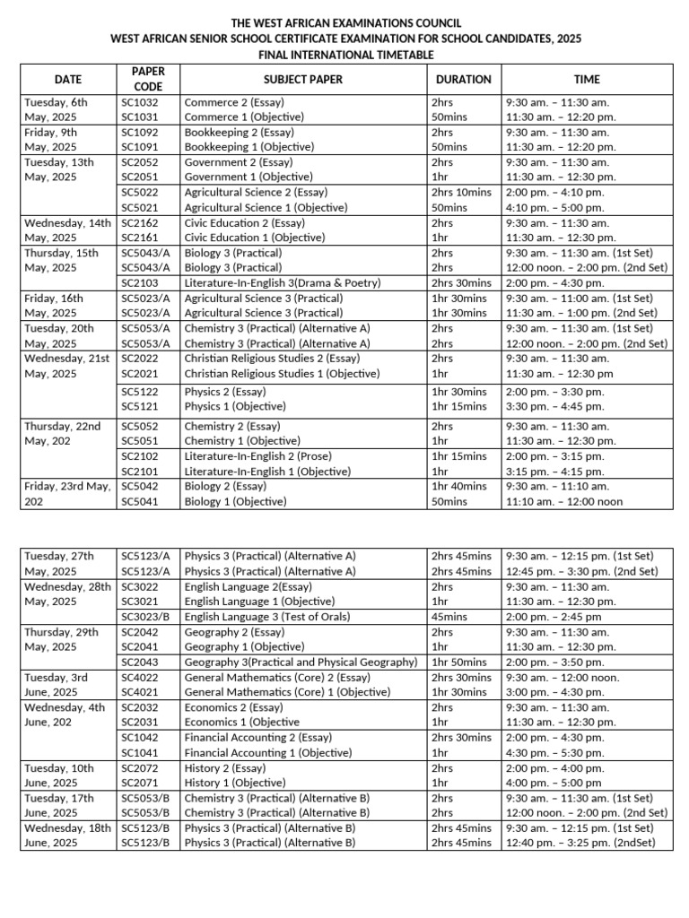 WASSCE 2025 Final Exam Timetable | PDF