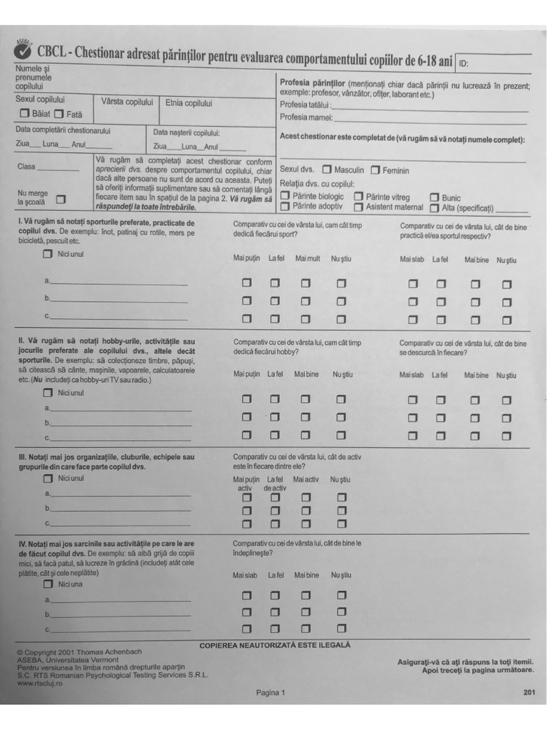 Aseba CBCL (Parinti) | PDF