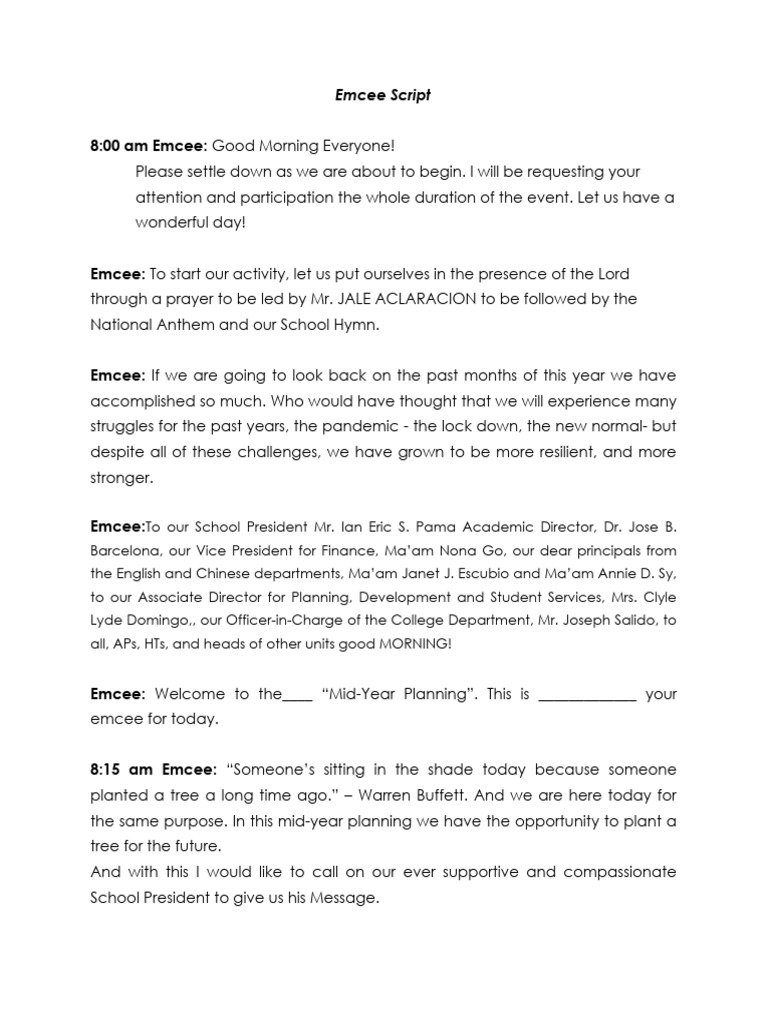 Emcee Script for Mid-Year Planning Event | PDF