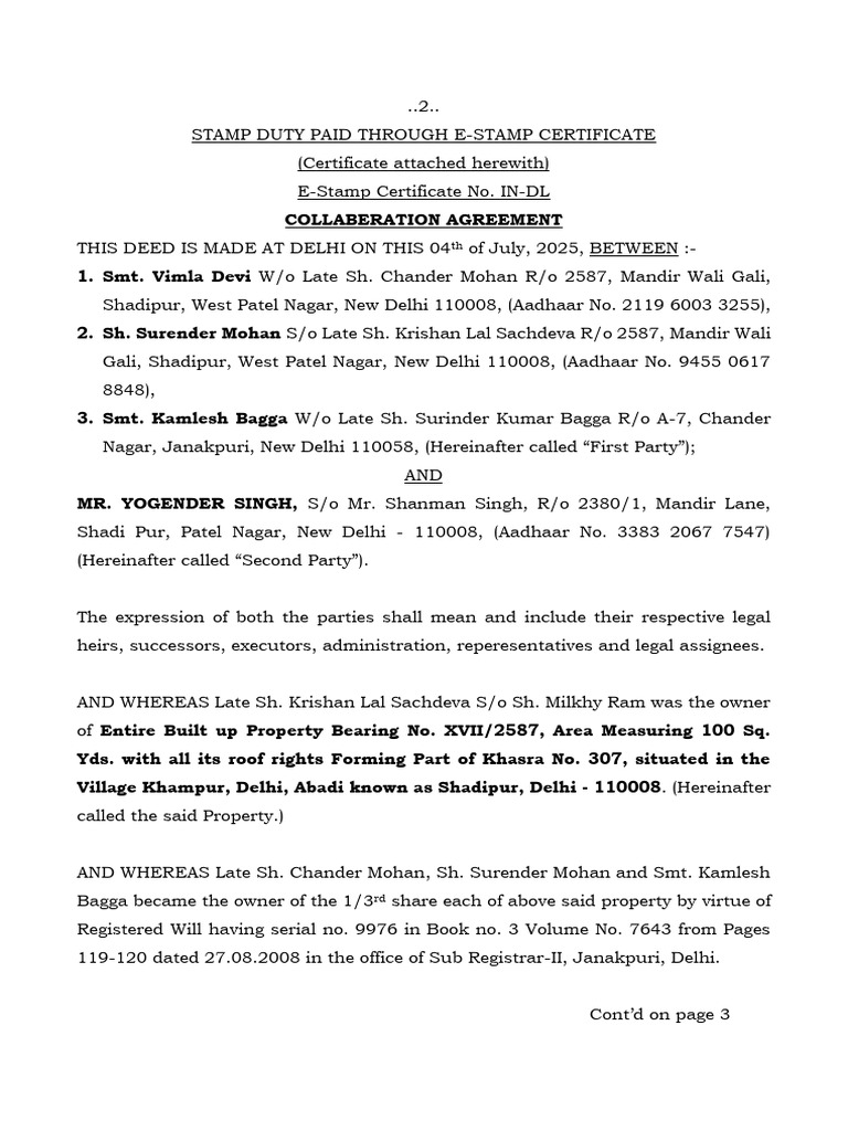Collaberation Agreement Vimla Surender Kamlesh and Yogender Singh | PDF ...