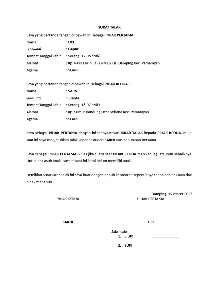 Surat Talak UCI dan SARNI 2025 | PDF