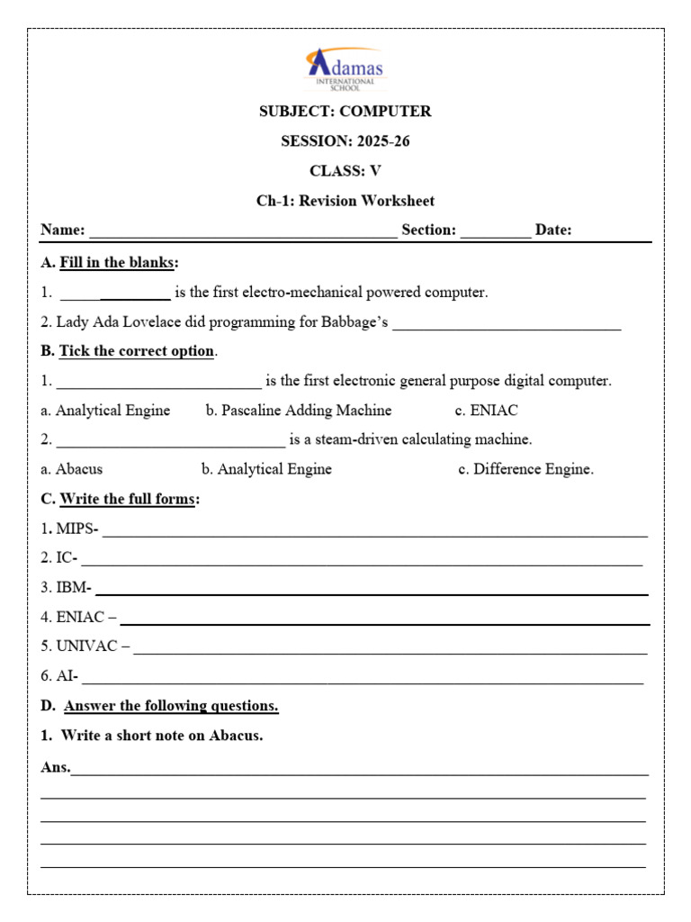 Class 5 Ch 1 Revision Worksheet | PDF | Computer Hardware | Computing