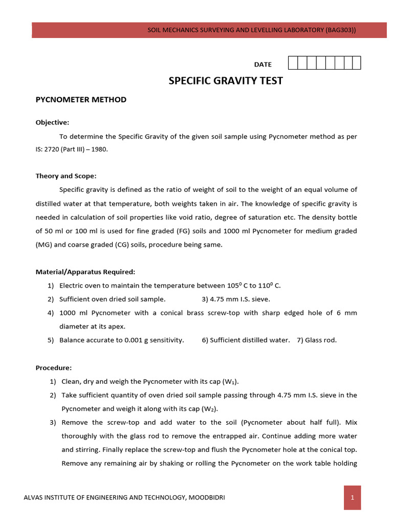 Experiment 1 Specific Gravity of Soil Solids | PDF | Physical Quantities | Quantity