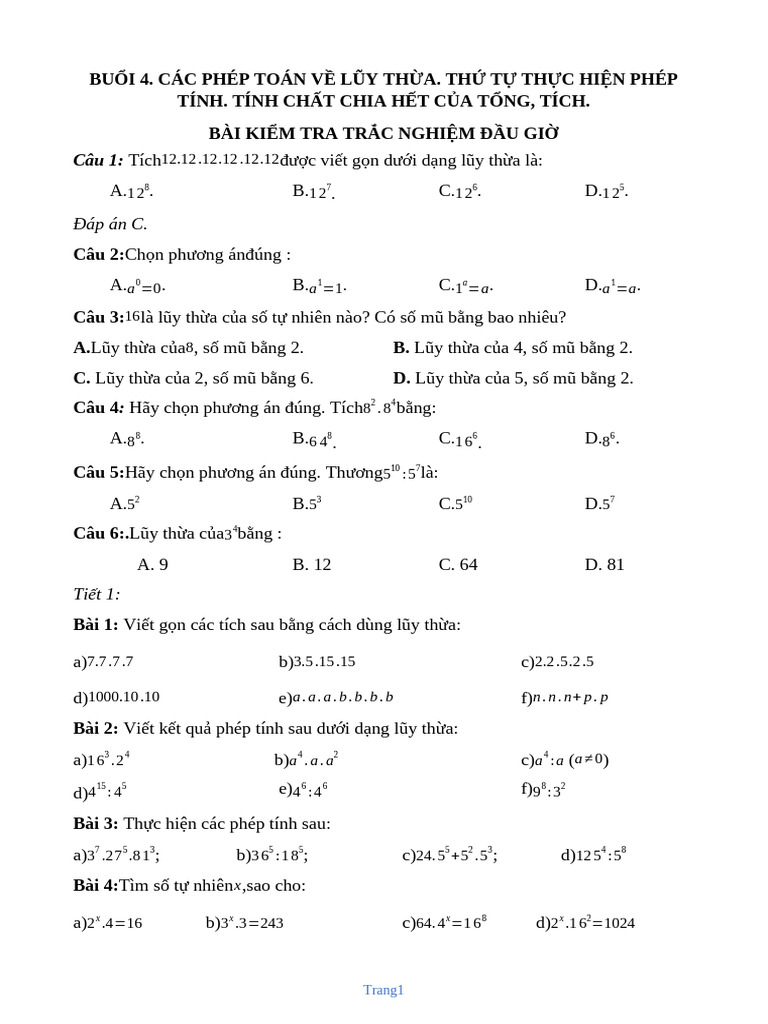 Phiếu 4. Luy Thua, Thu Tu Thuc Hien Phep Tinh | PDF