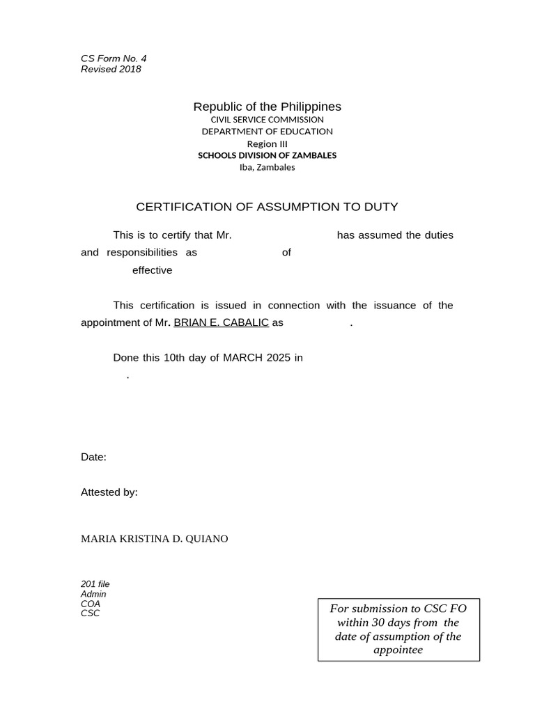 CS Form No. 4 Certification of Assumption To Duty - 2018 | PDF