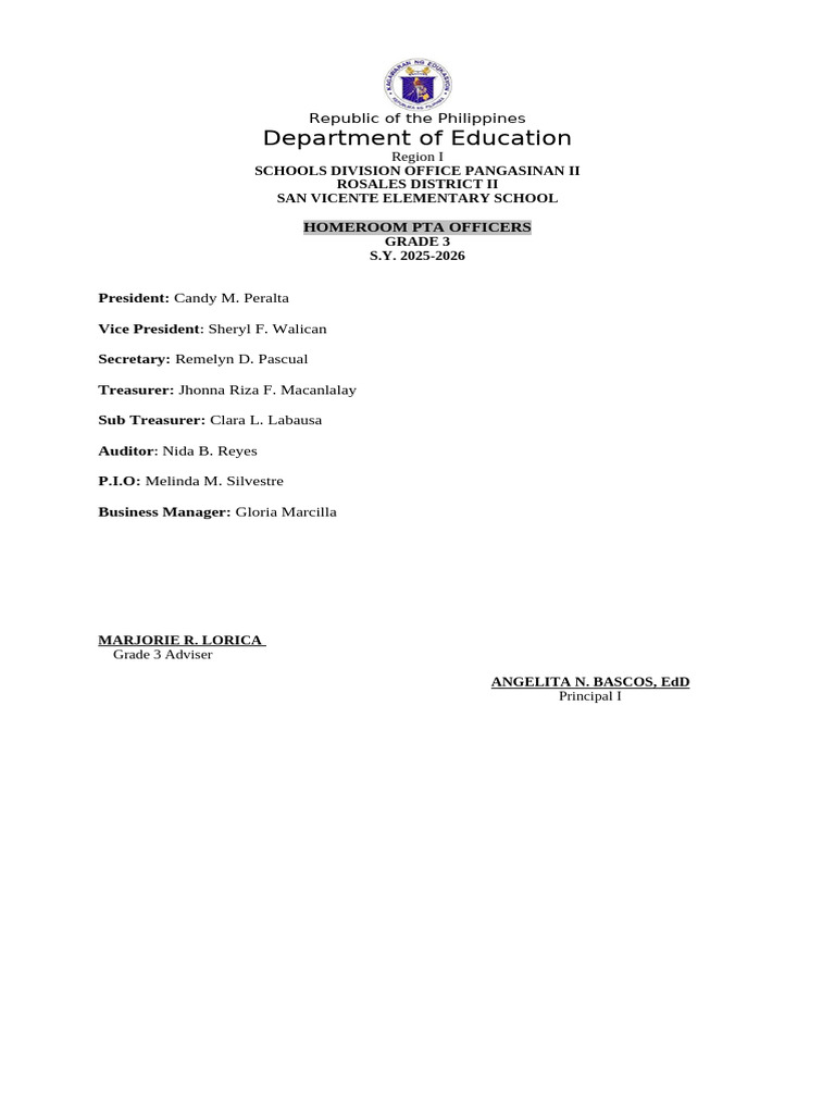 Homeroom Pta Officers Grade 3 S.Y 2025-2026 | PDF