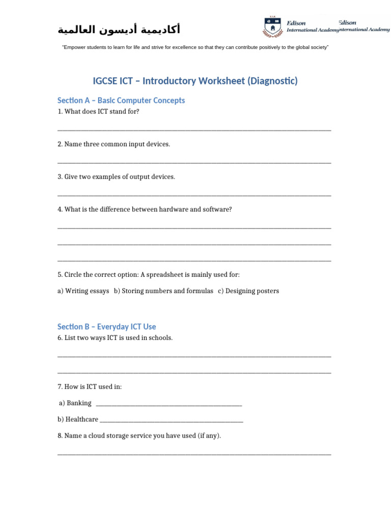 IGCSE ICT Introductory Worksheet | PDF | Computer Science | Computing