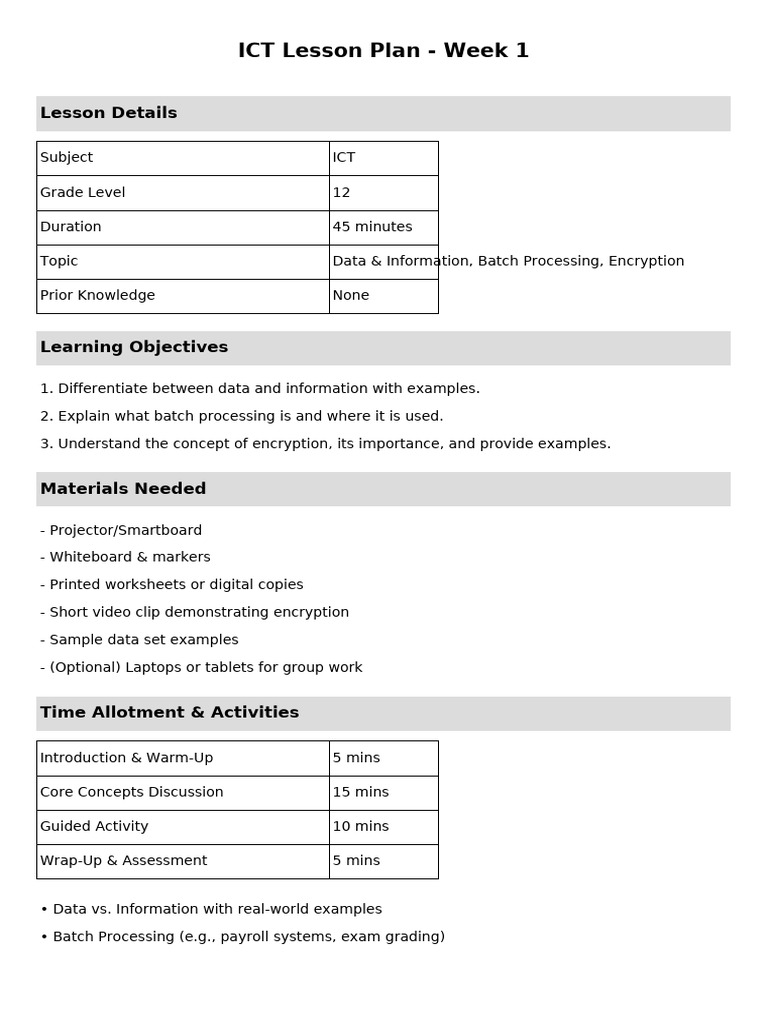 ICT Lesson Plan: Data, Batch Processing, Encryption | PDF
